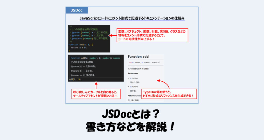JSDocとは?書き方などをサンプルコードを用いてわかりやすく解説! - IT Information JSDocとは?書き方などをサンプルコードを用いてわかりやすく解説! - IT Information